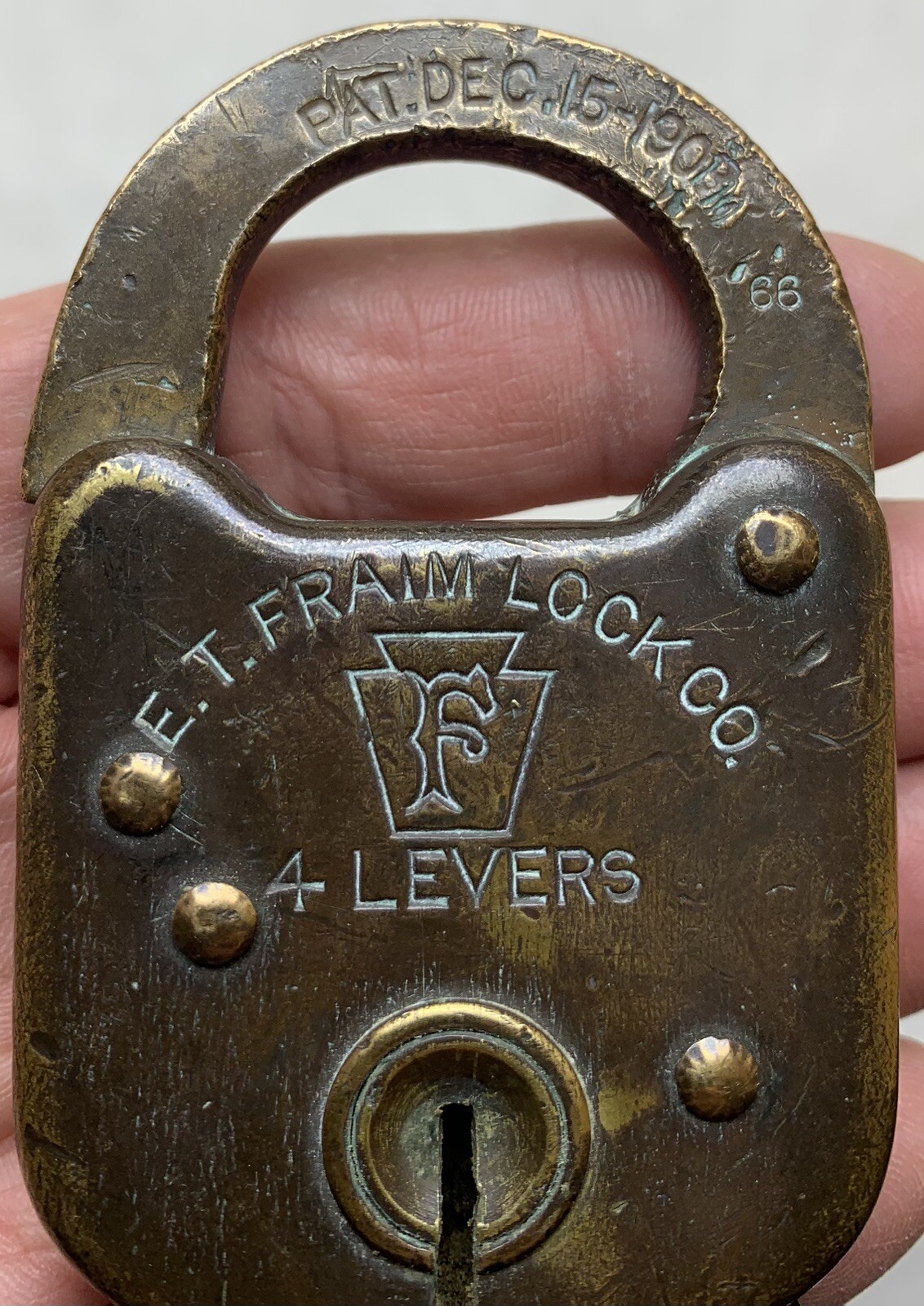 Vtg E.T. Fraim Lock Co. 4 Lever Brass Padlock Patented Dec. 15 1908 ...