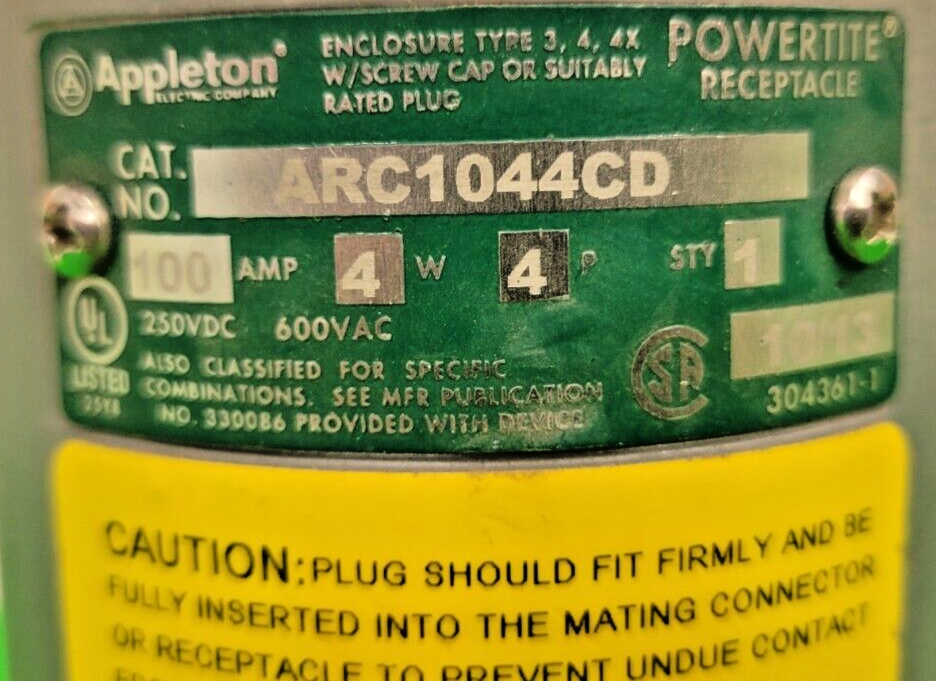 🟠APPLETON 100A ARC1044CD POWERTITE RECEPTACLE PESSCO IS OFFERING 1 ...