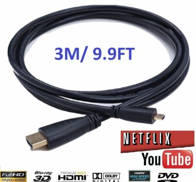 PREMIUM 3m Micro HDMI to HDMI Cable for Tesco Hudl Kindle Fire Tablet ...