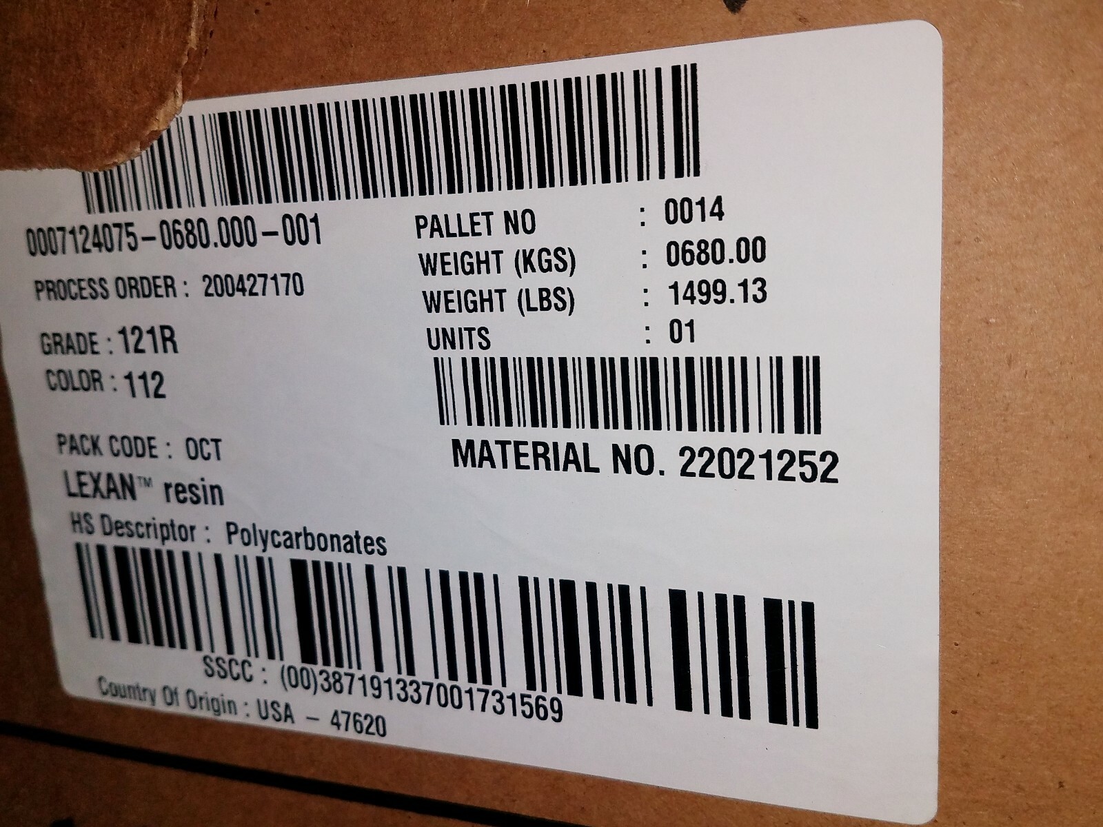 SABIC LEXAN 121R-112-OCT POLYCARBONATE RESIN PELLETS, 50 LB PORTION ...