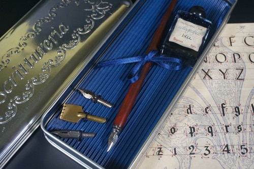 Italian Calligraphy Fountain Pen Set with 4 nibs, blue ink, and metal ...
