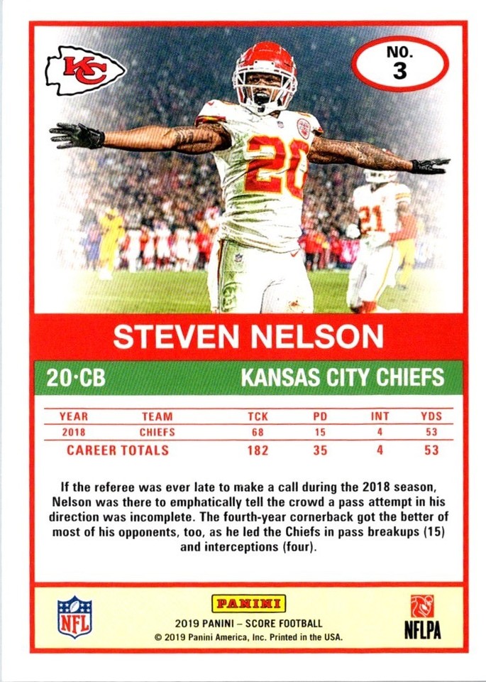 2019 Score Steven Nelson #3 Kansas City Chiefs Football Card | eBay