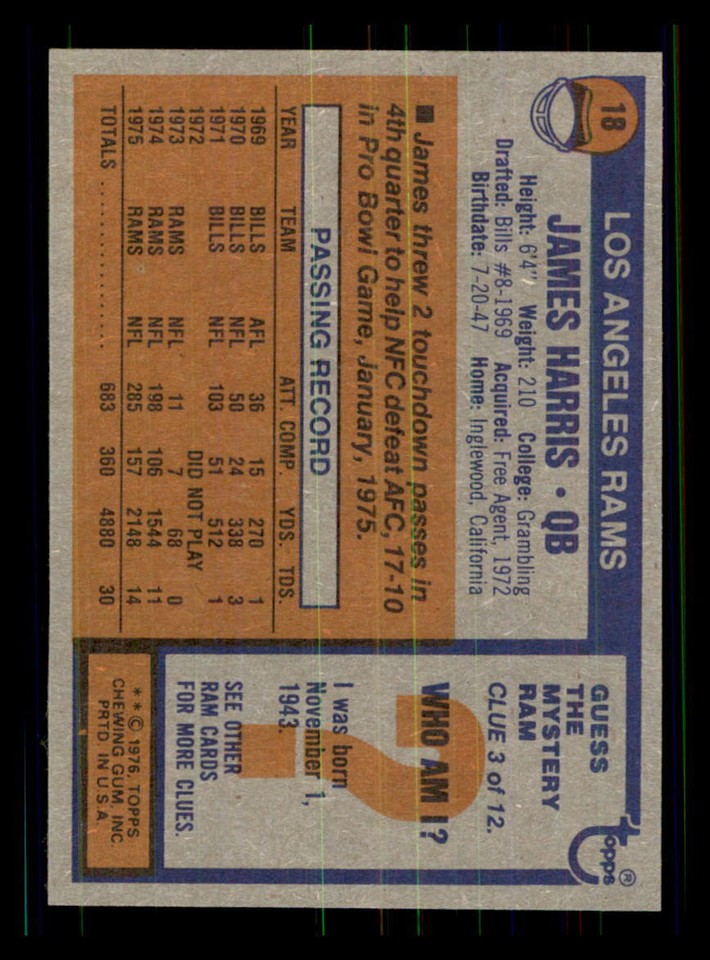 1976 Football Topps James Harris Los Angeles Rams #18 1 | eBay