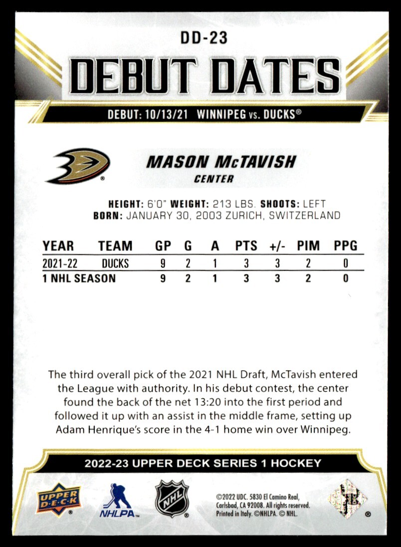 2022-23 Upper Deck Debut Dates Mason McTavish Anaheim Ducks #DD-23 | eBay