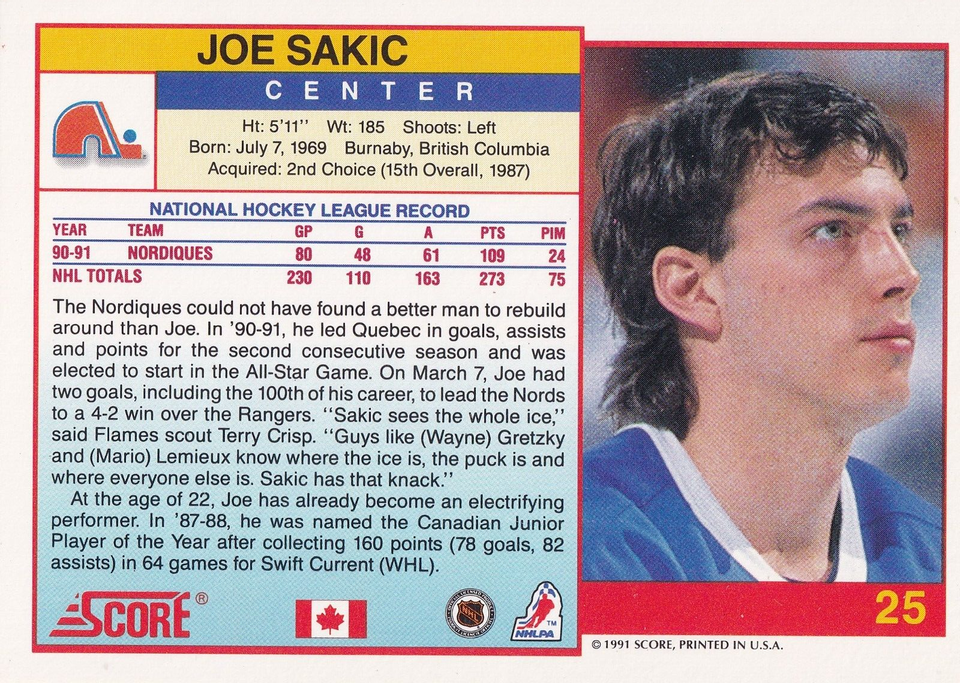1991-92 Score #25 Joe Sakic- Quebec Nordiques + (Yes 4 Free Mystery ...