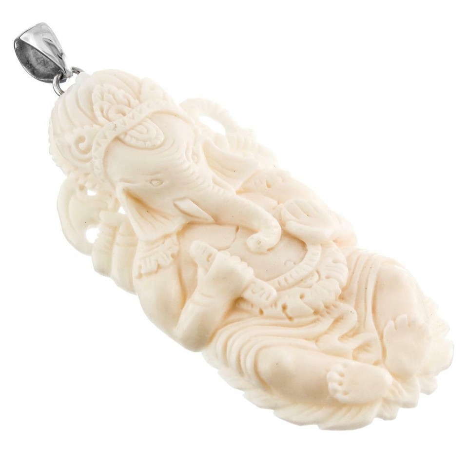 925 Silver Hand Carved Hindu God Ganesha Bison Bone Sterling Pendant, 2 ...