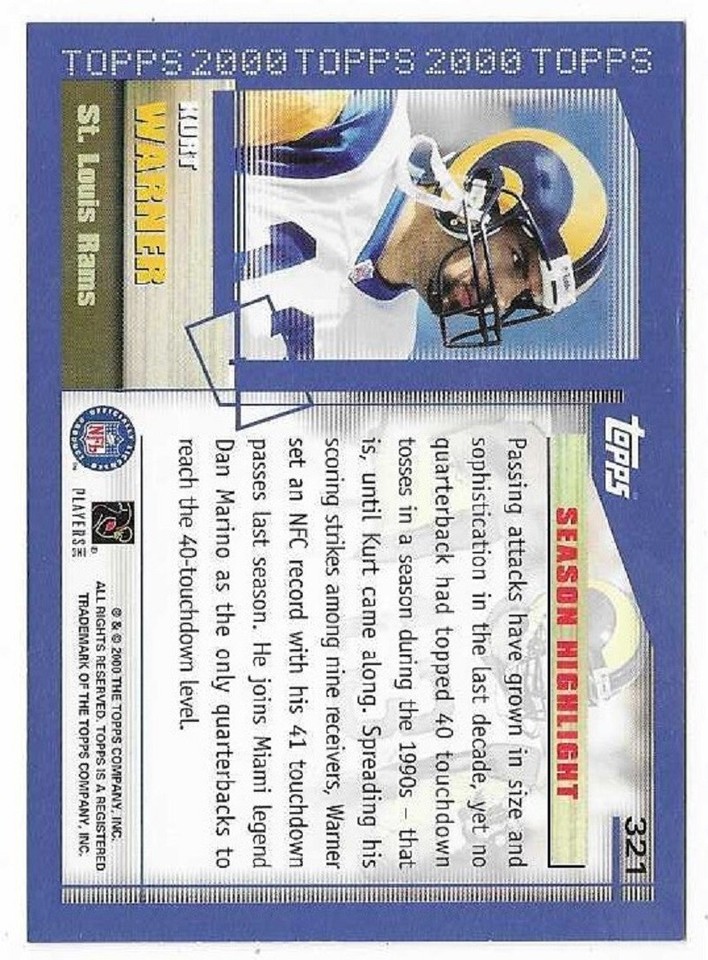 KURT WARNER 2000 Topps Football Season Highlights # 321 St. Louis Rams ...