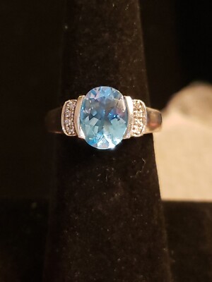 Sterling Silver BLUE TOPAZ & DIAMOND Ring, Size 7.25, Semi-Bezel Set ...