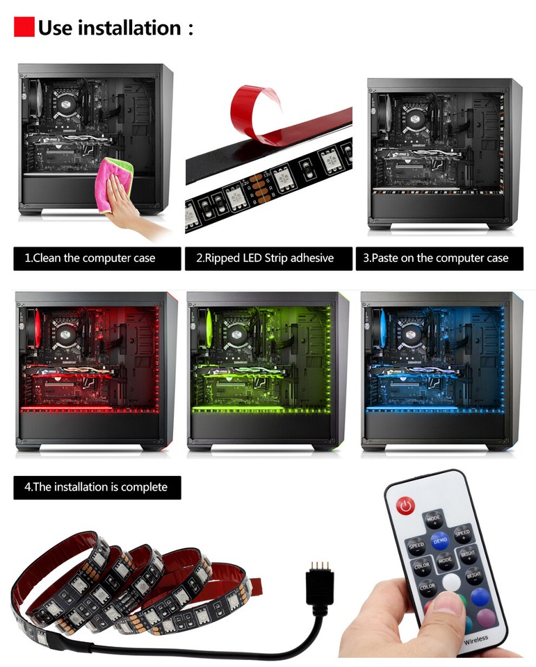 5050 RGB LED Strip tape Light PC Sata Computer Case Full Kit RF Remote ...