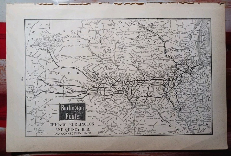 1890 train route map CHICAGO BURLINGTON & QUINCY RAILROAD easy to Frame ...
