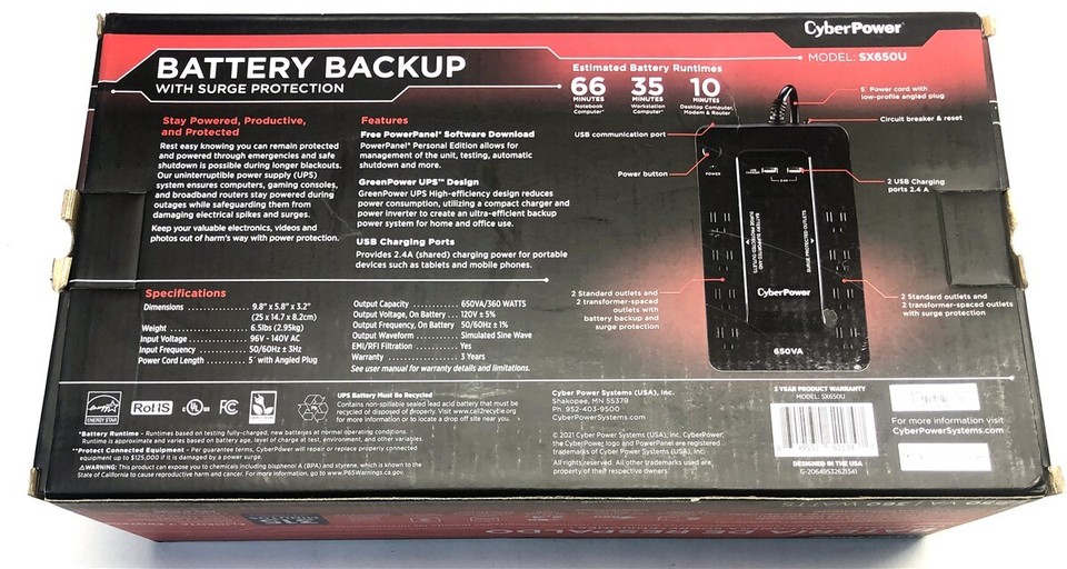 CyberPower 650VA Battery Back-Up System UPS 8 Outlet Surge Protector ...