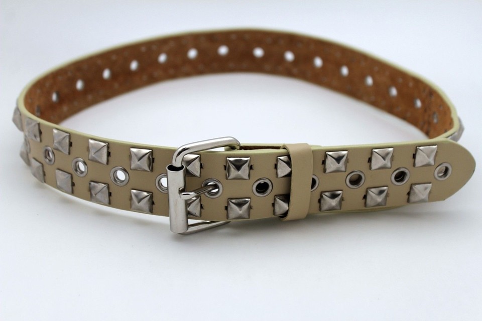 Punk Rock Style Beige Faux Leather Silver Pyramid Studded Belt S M L XL ...