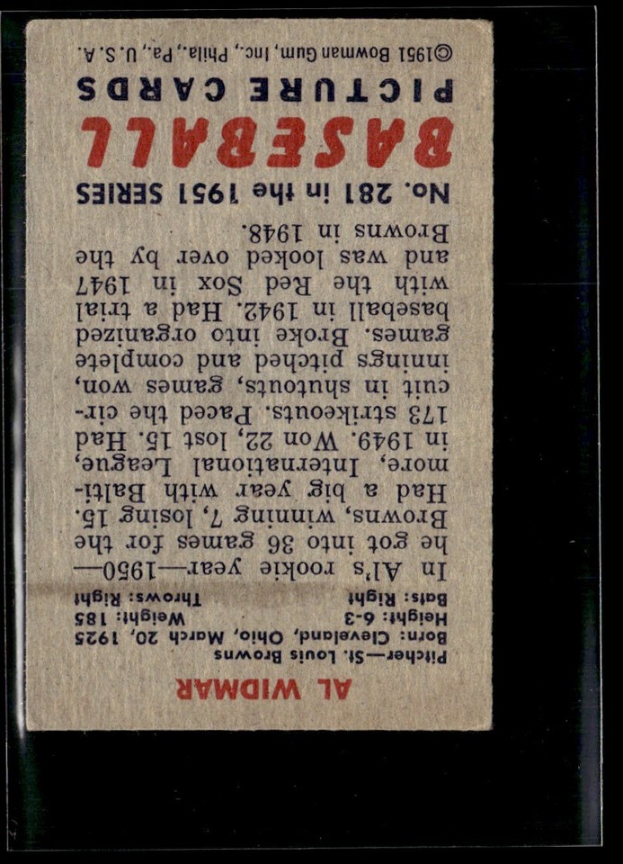 1951 Bowman Al Widmar Rookie VG Set Break #281 | eBay