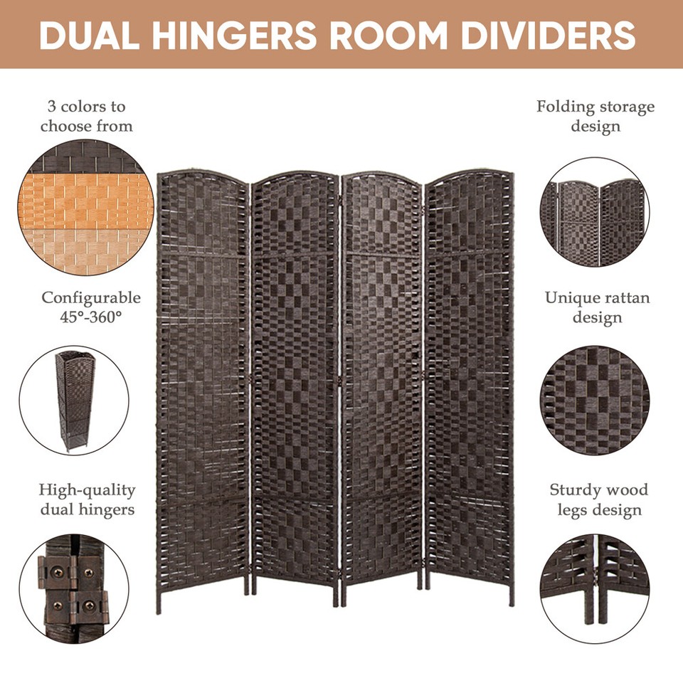 4 Panels Woven Fiber Room Divider Folding Privacy Screen Freestanding ...
