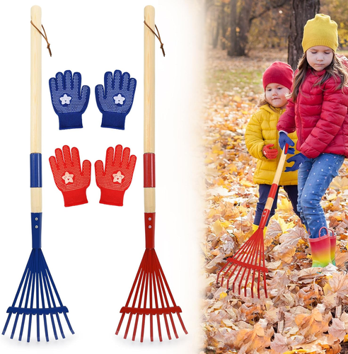 2 PCS 27" Metal Kids Leaves Rakes and 2 PCS Kids Gloves,Small Kids Lawn ...