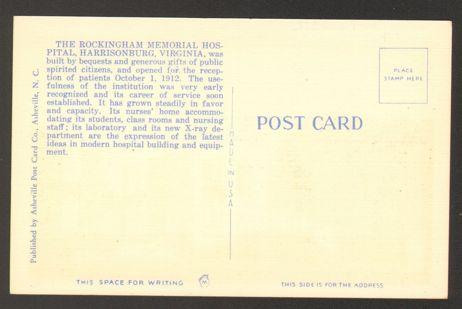 Unused Postcard The Rockingham Memorial Hospital Harrisonburg Virginia ...