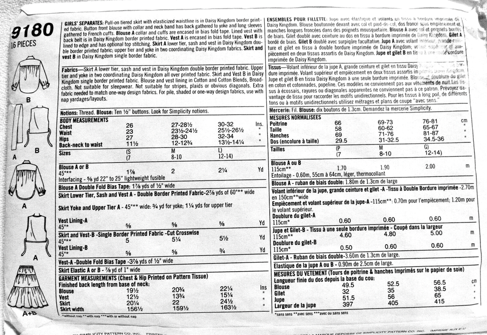VTG SIMPLICITY PATTERN 9180 DAISY KINGDOM BLOUSE /TOP VEST SKIRT SZ S-L ...
