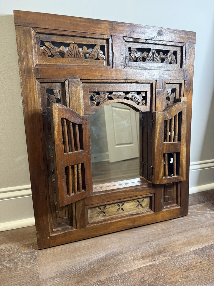 Vintage Asian Balinese Carved Teak Wood Wall Mirror Window Shutter ...