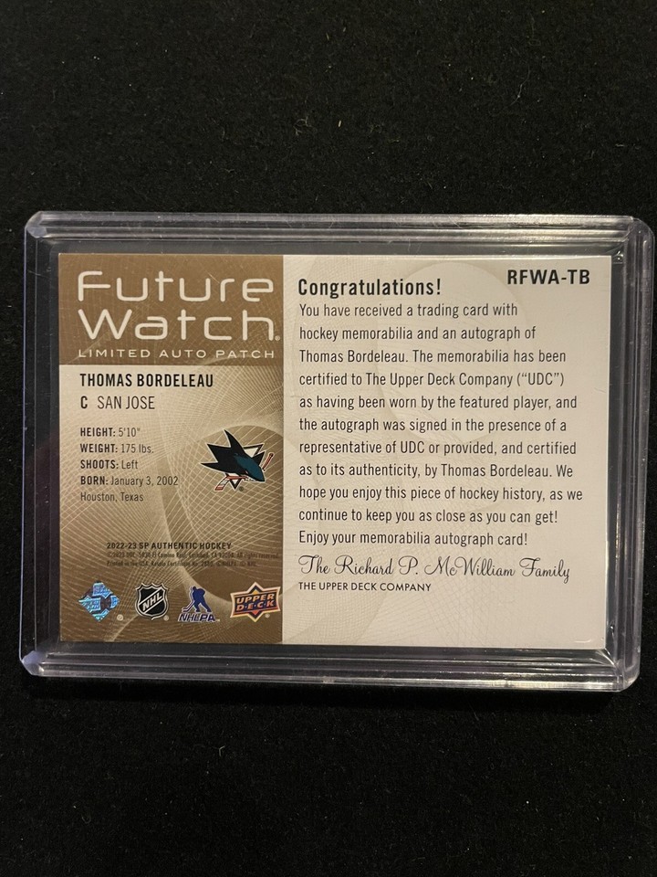 Thomas Bordeleau Retro Limited Future Watch Auto Patch RC /100 RFWA-TB ...