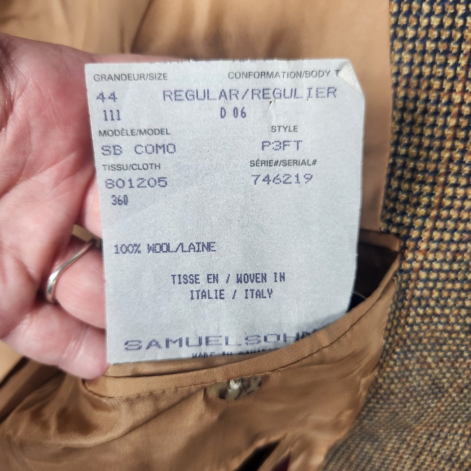 Samuelsohn Suit Jacket Mens 44 R Brown Italy Wool Houndstooth 3 Button ...