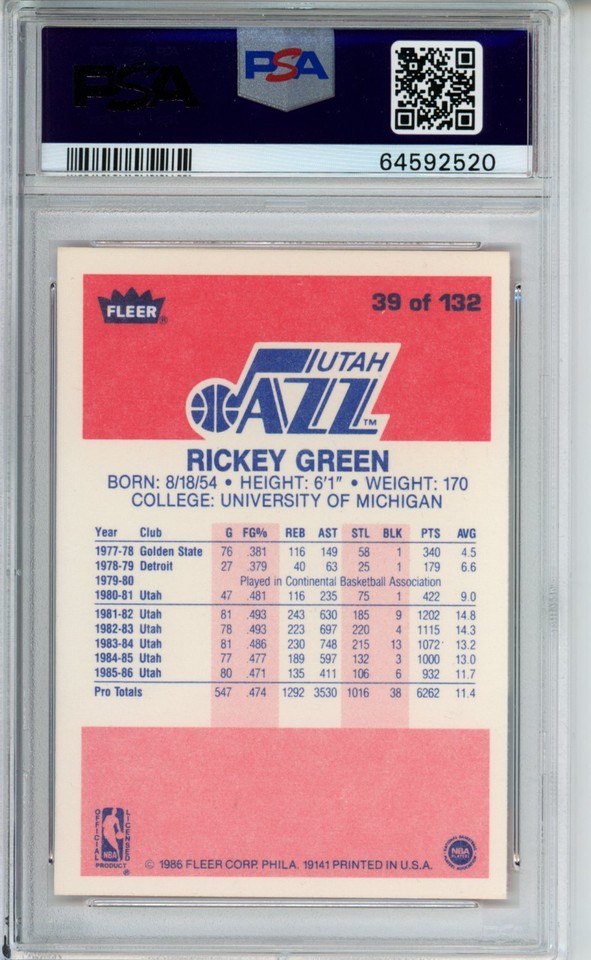 1986 Fleer #39 Rickey Green PSA 9 Mint Utah Jazz | eBay