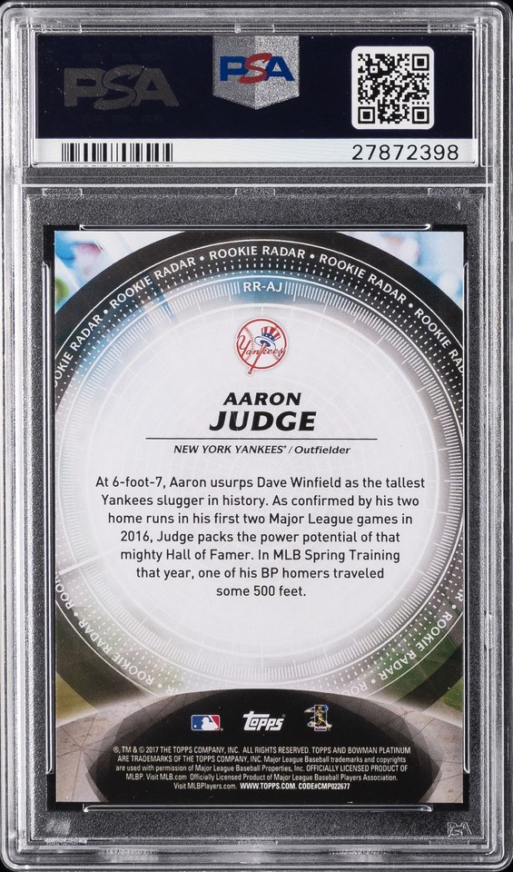 2017 BOWMAN PLATINUM ROOKIE RADAR PURPLE #RR-AJ AARON JUDGE #/250 PSA ...