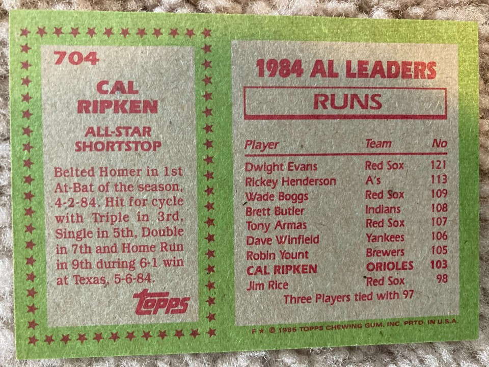 1985 Topps Baseball Cal Ripken Jr All-Star Card #704 Baltimore Orioles ...