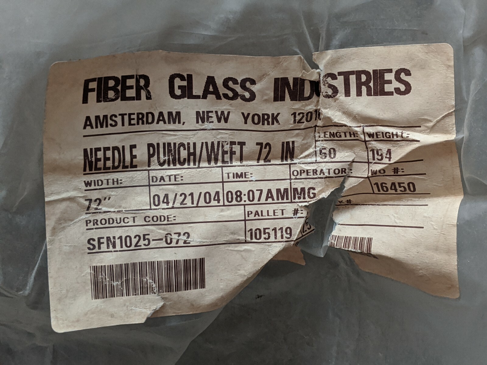 Fiber Glass Industries FGI SFN1025-072 Rov Mat Needle Punch Weft 72" x ...