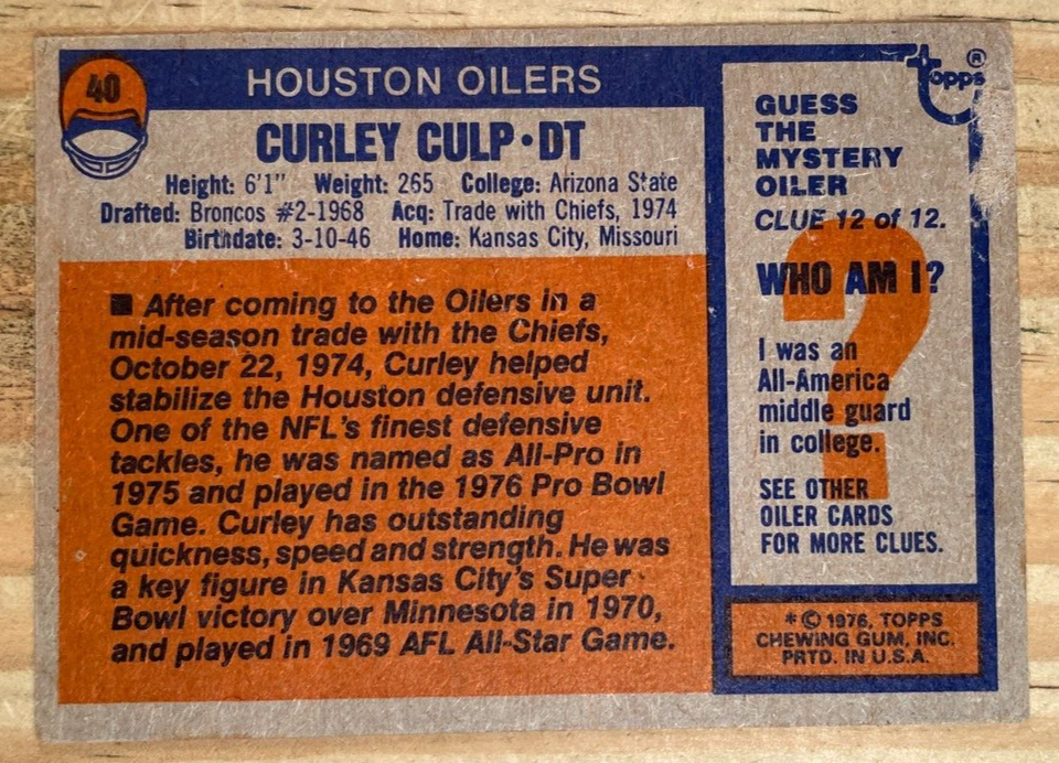 1976 TOPPS CURLEY CULP CARD#40 HOUSTON OILERS KANSAS CITY CHIEFS ...