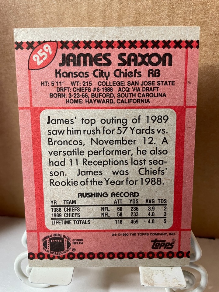 Signed James Saxon Kansas City Chiefs 1990 Topps Football Card #259 ...