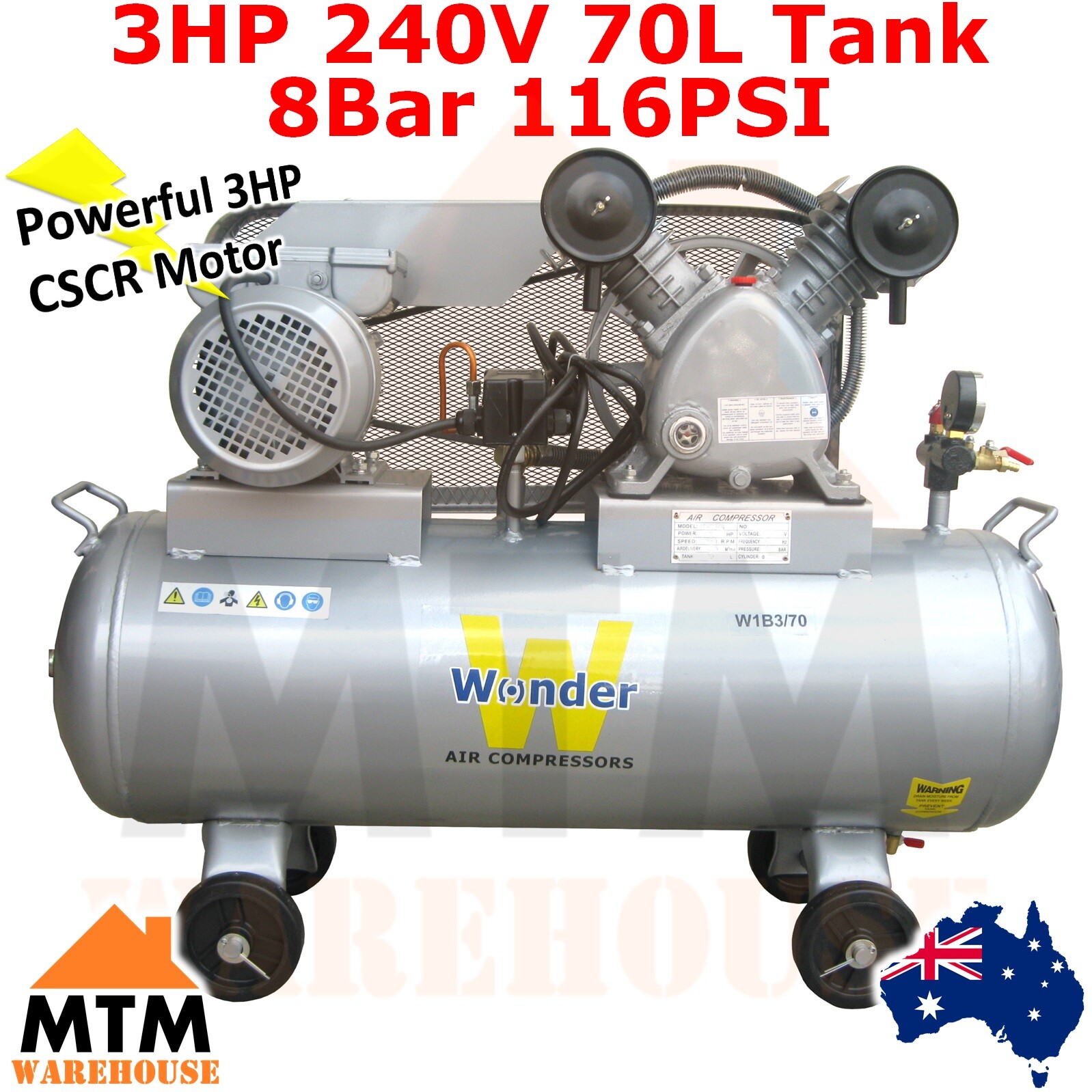 Commercial 3HP 2.2kW 240v Single Phase Belt Air Compressor 70L TANK ...