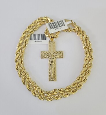 Real 10k Rope Chain Jesus Cross Charm Necklace Pendant Set 5mm 20"-30 ...