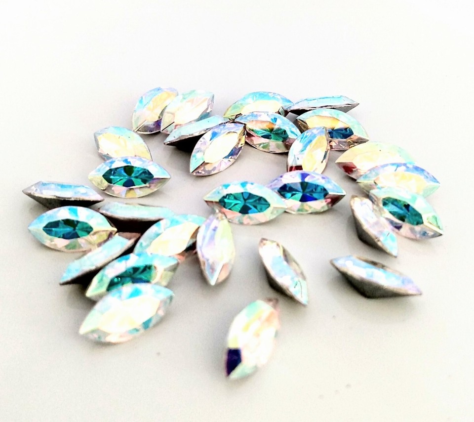 (25 pcs) Vintage Swarovski Austrian AB Crystal 10x5 Navette Pointed ...