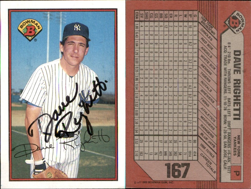 Dave Righetti Signed 1989 Bowman #167 Card New York Yankees Auto AU | eBay