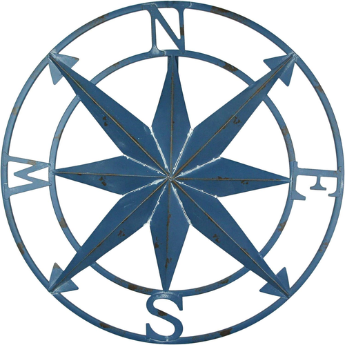 Distressed Blue Metal Compass Rose Wall Decor - Indoor/Outdoor Hanging ...