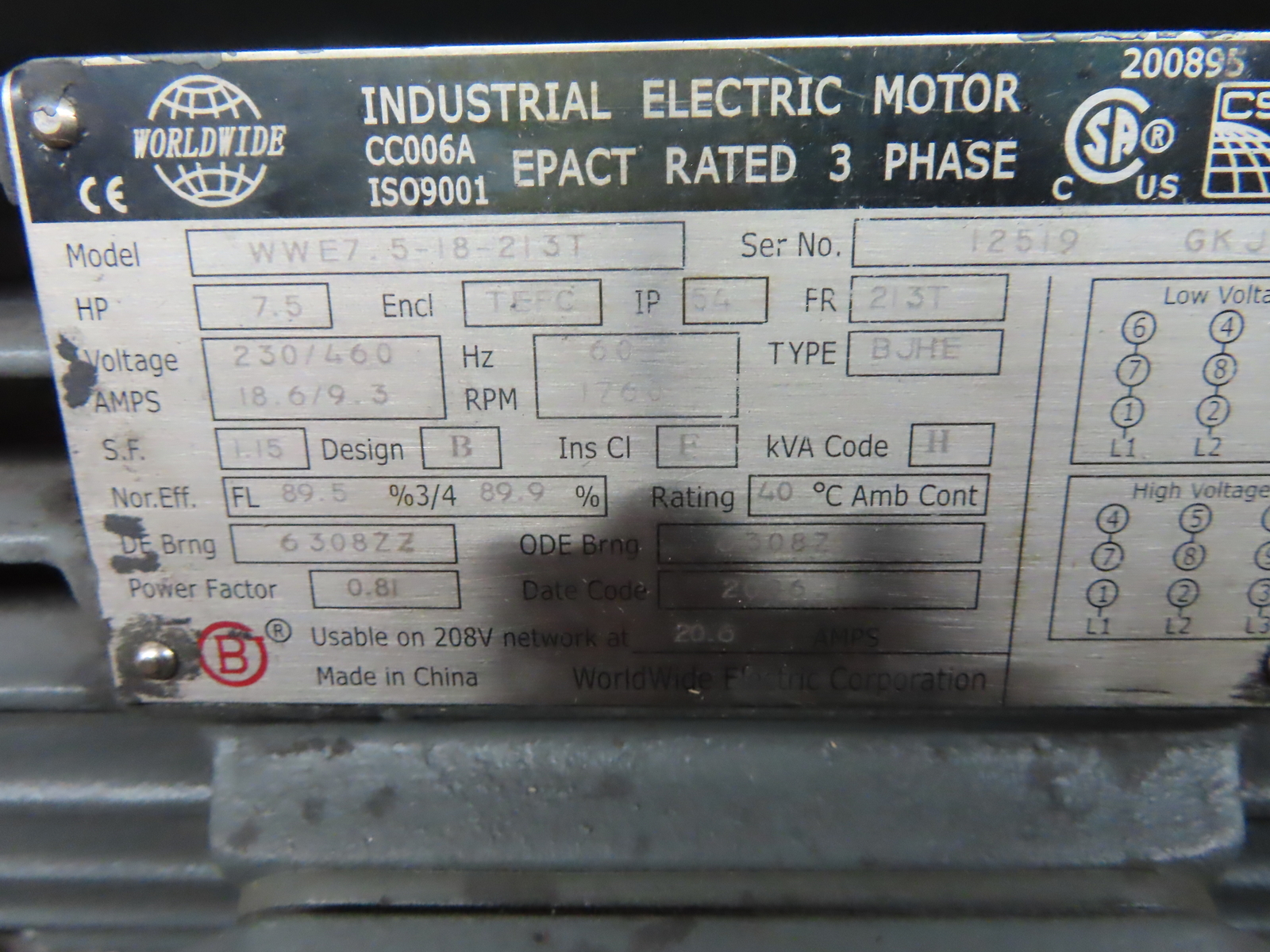WORLDWIDE ELECTRIC MOTOR 213T FRAME WWE7.5-18-213T 7.5HP 1760RPM 3PH ...