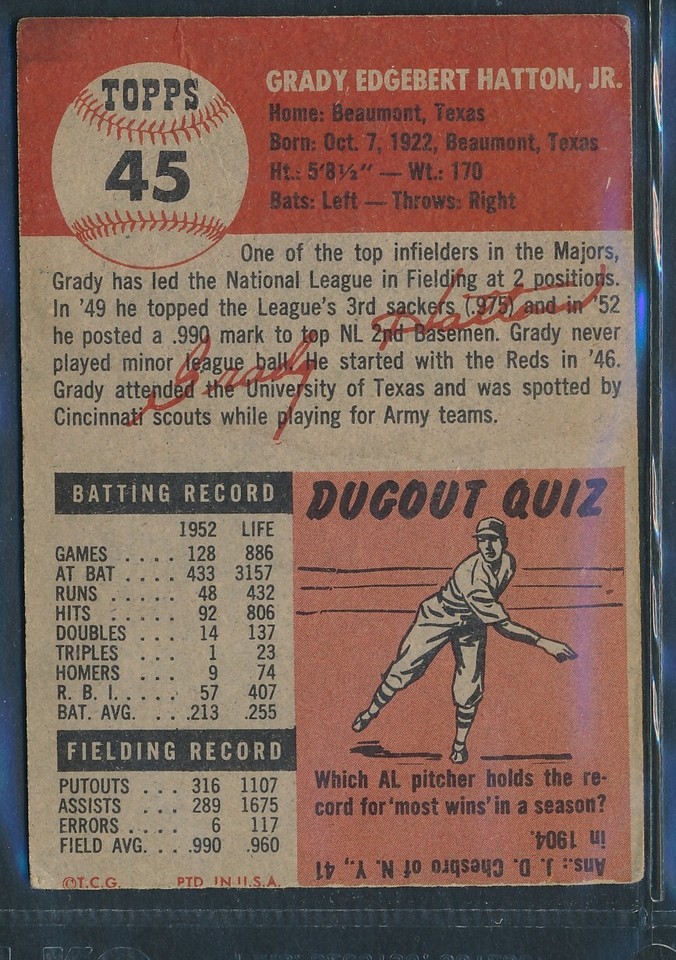 1953 Topps #45: GRADY HATTON Cincinnati Reds ~ VG to VG-EX | eBay
