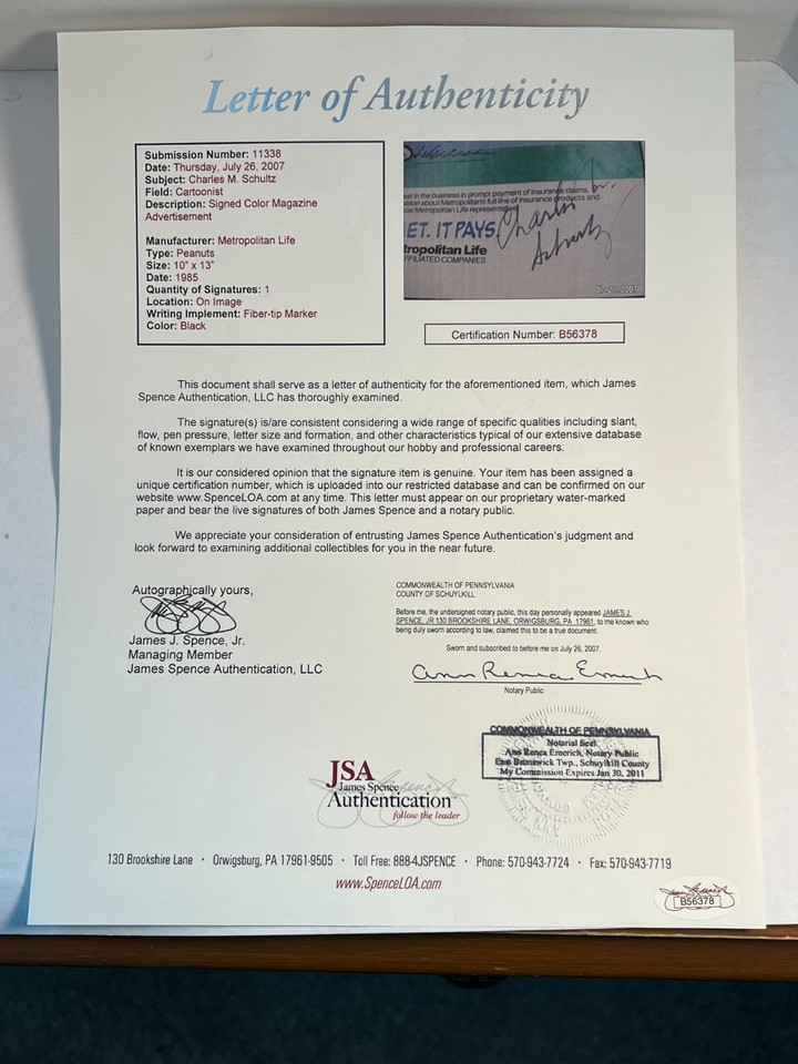 Charles Schultz Signed Magazine Page JSA Authentic Peanuts/Snoopy ...