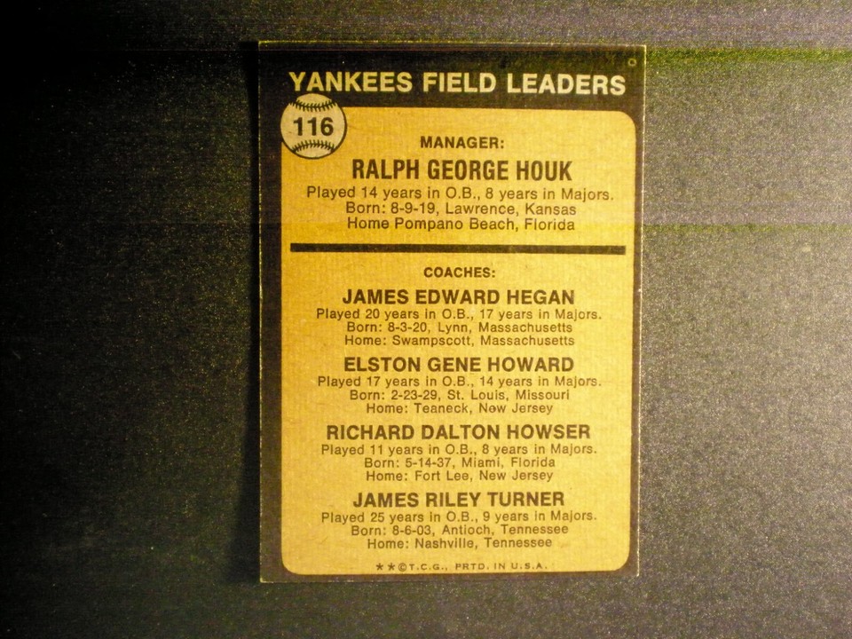 1973 Topps Baseball Yankees Ralph Houk Card # 116 | eBay