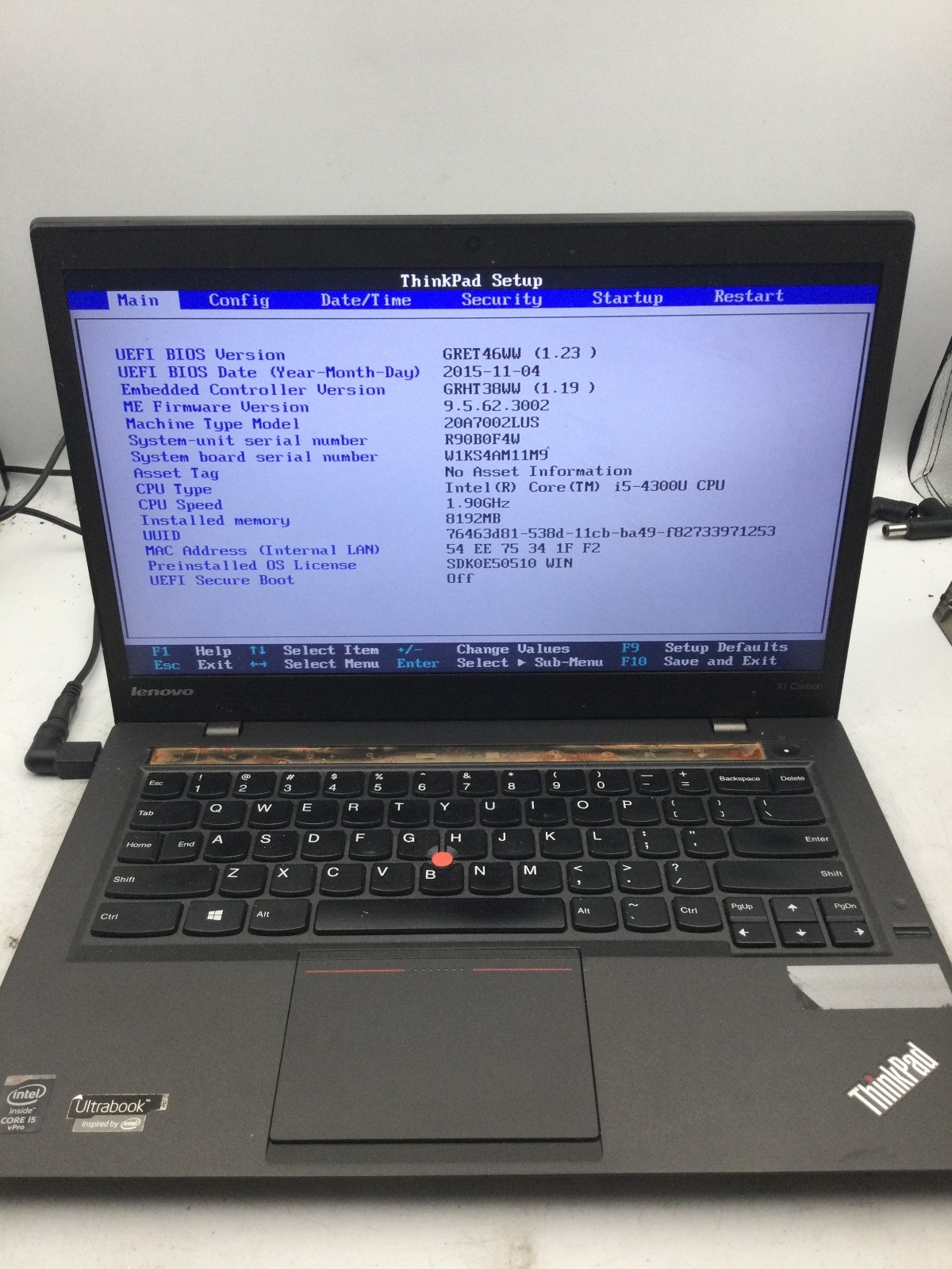 LENOVO THINKPAD X1 CARBON - BOOTS TO BIOS - INTEL I5-4300U - 4GB RAM ...