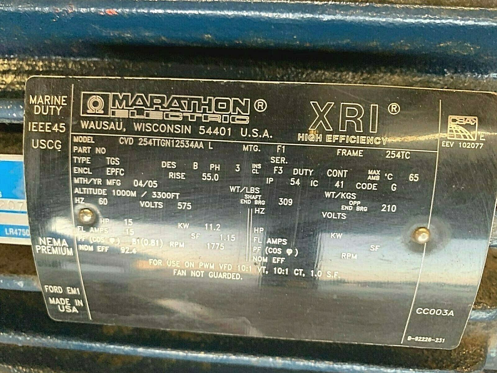 MARATHON XRI, ELECTRIC MOTOR, 15HP, 254TC FRAME, EPFC ...