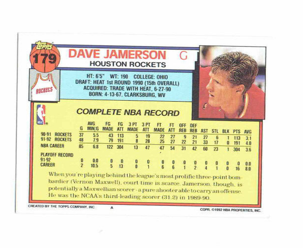 Dave Jamerson Houston Rockets G #179 Topps 1992 #Basketball Card | eBay