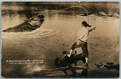 BULL-HEAD NORTH CATHING EXAGGERATED FISHING ANTIQUE REAL PHOTO POSTCARD ...