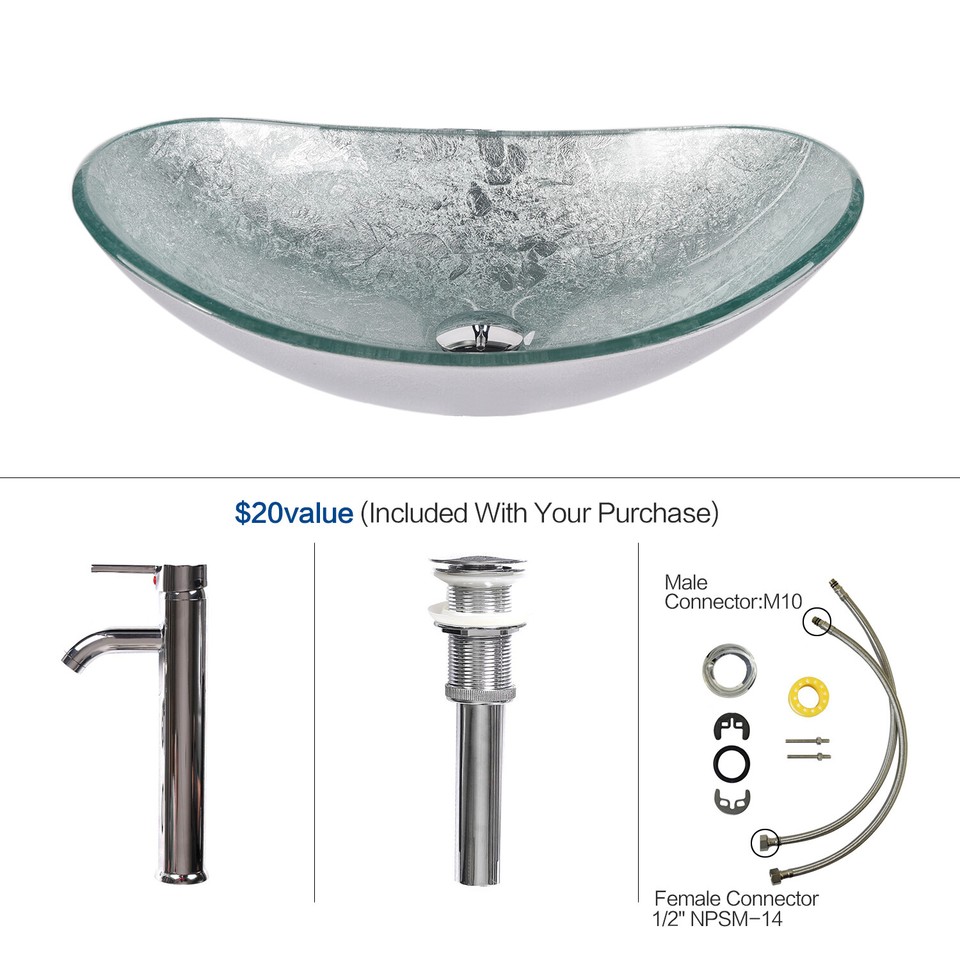 Bathroom Oval Tempered Glass Vessel Sink Bowl Faucet Pop Up Drain Basin ...