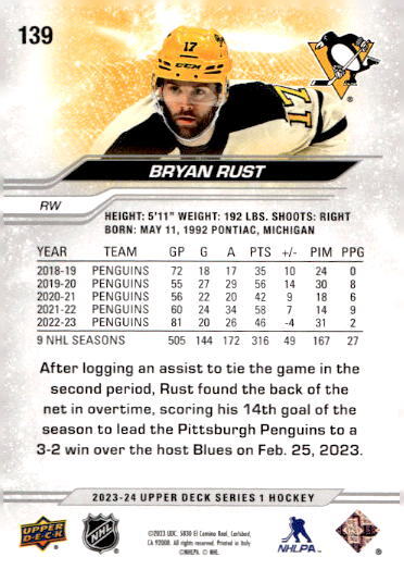 2023 UD Series 1 Hockey Bryan Rust #139 | eBay