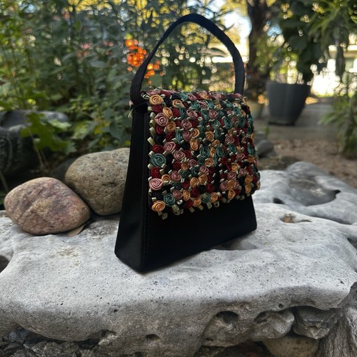 Vintage Julie Feldman Black Small Rosette Rose Evening Bag Handbag Mini ...
