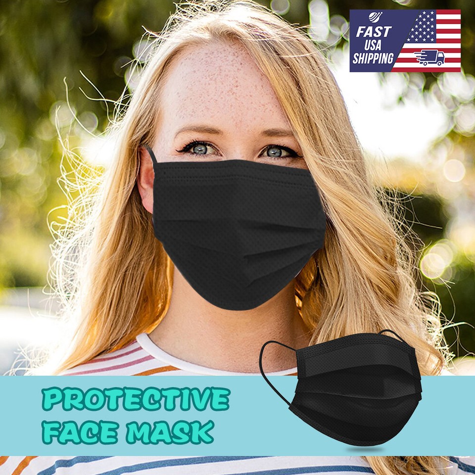 100 Pcs Black Protective Disposable Respirator 3-Layers Mouth Cover ...