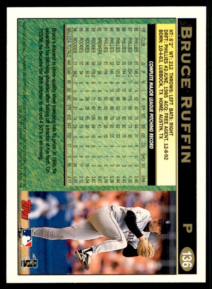 1997 Topps Bruce Ruffin Baseball Card Colorado Rockies #136 | eBay