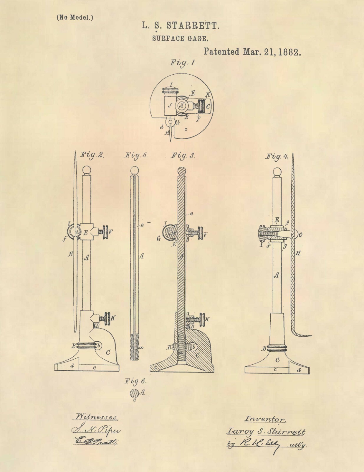 Starrett Surface Gauge Patent Print- Vintage Antique Starrett Surface ...