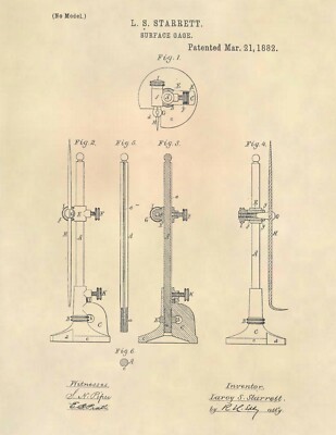 Starrett Surface Gauge Patent Print- Vintage Antique Starrett Surface ...